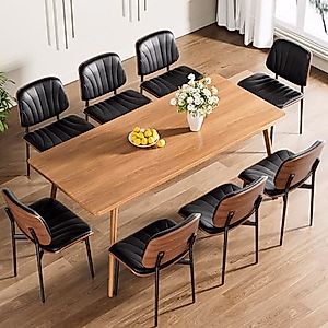 REONEY Dining Chairs Set of 2, Mid-Century Modern Upholstered PU Leather Chairs with Walnut Bentwood Back and Metal Legs Adjustable Feet for Kitchen Dining Room, Black Shell Strips