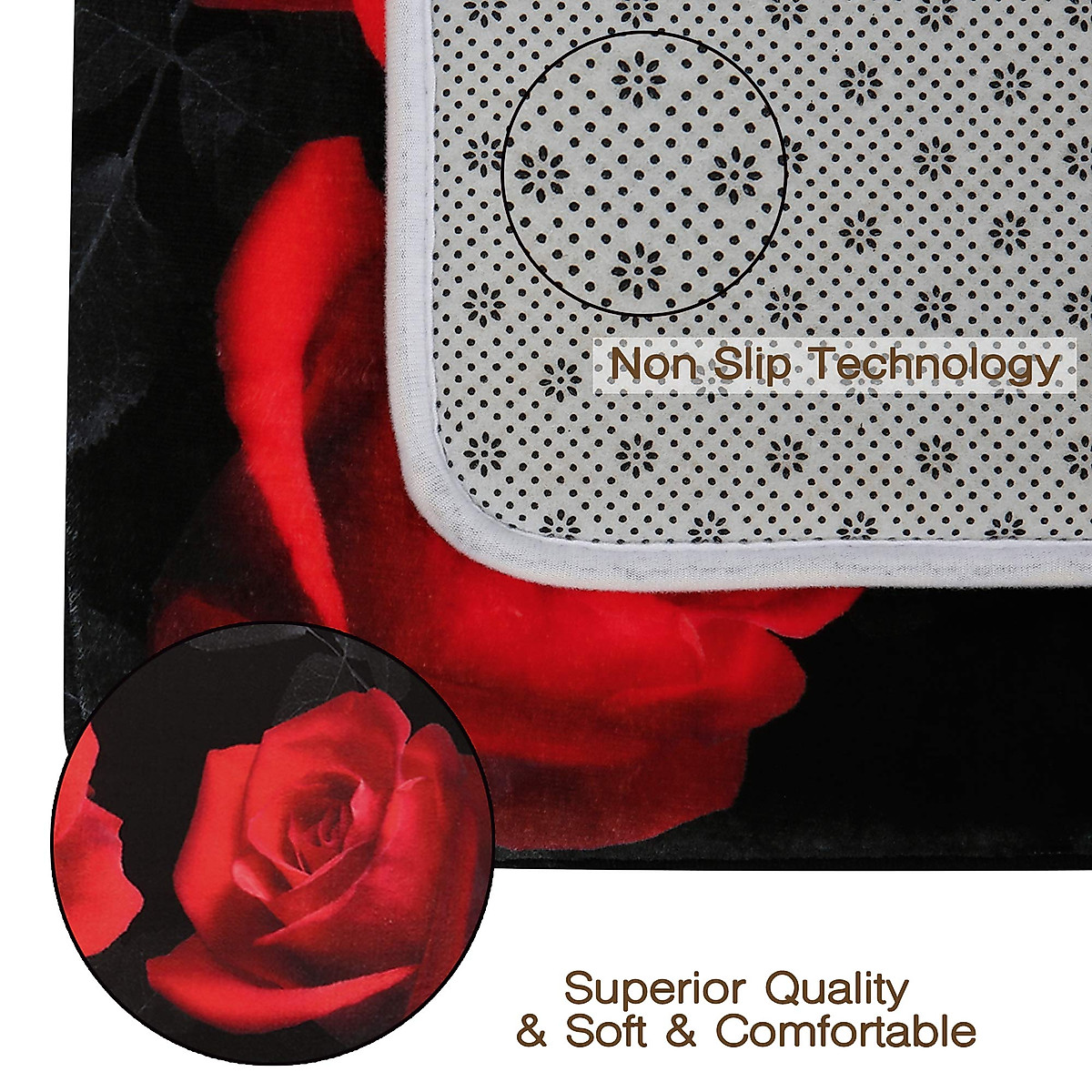 LIVILAN Black Bath Mat, Flower Bathroom Rugs, Red Bath Rugs, 24''X16'', Super Soft and Absorbent Shaggy Plush Red Rose Bath Rugs, Memory Foam Non-Slip.