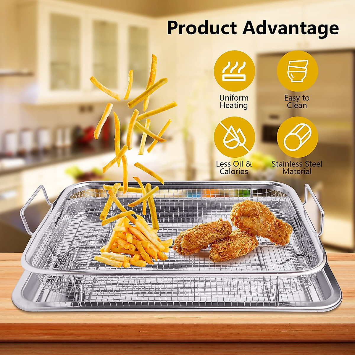 FXTNKYY Stainless Steel Air Fryer Basket for Oven,Air Fryer Basket Set with 50 PCS Parchment Paper,Air Fryer Pan with Crisper Tray and Pan