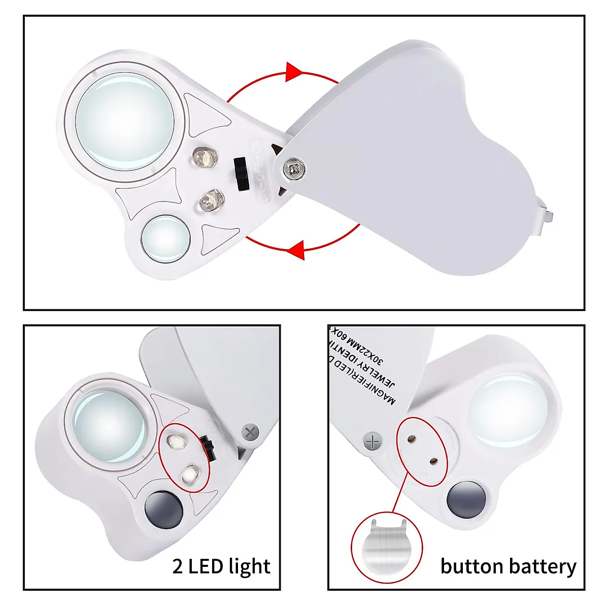 Jiusion Portable Lighted LED Illuminated Jewelry Magnifier 30X 60X Wearable Handheld Dual Lens Eye Loupe Magnifying Glasses Micro Microscope with Keychain and Lanyard