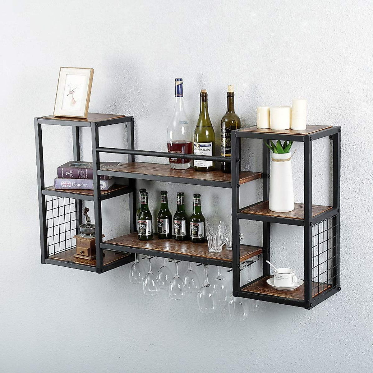 Industrial Hanging Wine Rack Wall Mounted with 5 Stem Glass Holder,47.2in Rustic Wine Glass Rack Wall Mount,Wine Glass Shelf Metal Floating Bar Shelves,Wine Bottle Holder Wall Shelf Wood Shelves