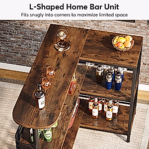 Tribesigns L-Shaped Home Bar Unit, 3 Tier Liquor Bar Table with Storage Shelves and Wine Glasses Holder, Industrial Corner Wine Bar Cabinet Mini Bars for Home Kitchen Pub, Rustic Brown