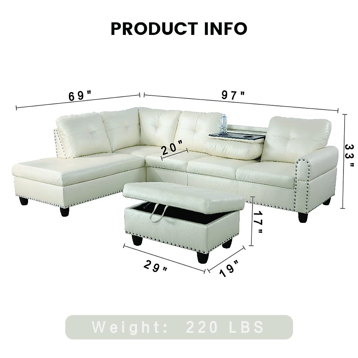 GEBADOL 97" Wide Rivet Designed L-Shaped Sofa Set 3 Pieces Faux Leather Couch and Chaise with Extra Storage Ottoman for Living Room/Office/Apartment (Left-Hand Facing, White)
