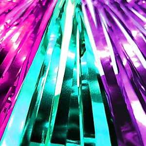 Teal Purple Pink Tinsel Foil Fringe Curtains - Under The Sea Birthday Baby Shower Photo Backdrops Wedding Summer Beach Pool Ocean Party Decor Photo Booth Backdrops Decorations, 3.2 ft x 9.8 ft, 2PC