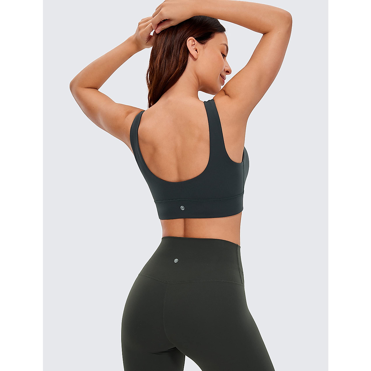 CRZ YOGA Butterluxe Womens U Back Sports Bra - Scoop Neck Padded Low Impact Yoga Bra Workout Crop Top with Built in Bra Melanite Medium