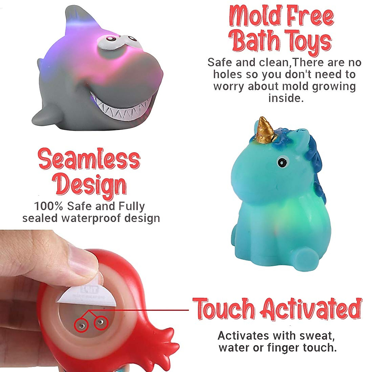 12 PCS Light Up Bath Toys with Duck Mesh Tub Storage Organizer, Toddler Flashing Color Changing LED Bathtub Mermaid Toy in Water for Kids