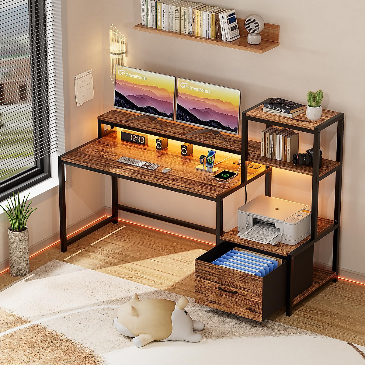 GreenForest Office Desk with Power Outlets and Printer Shelf, 68.8 inch Computer Desk with LED and Drawer, Reversible Gaming Desk with Storage for Home Study Working,Walnut