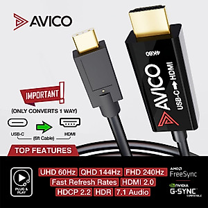 Avico USB C to HDMI 2.0 Adapter, 4K@60Hz, HDR, HDCP 2.2, 144Hz, Thunderbolt Compatible