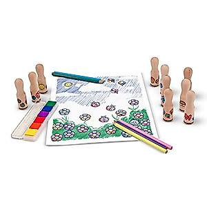 Melissa & Doug Deluxe Happy Handle Stamp Set With 10 Stamps, 5 Colored Pencils, and 6-Color Washable Ink Pad