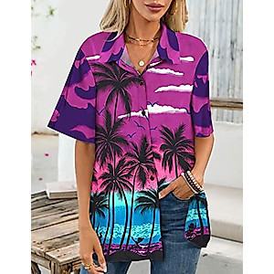 LILYCHIC Womens Hawaiian Tops Summer Floral Print V Neck Shirt Short Sleeve Tropical Beach Luau Party Outfits Purple XL