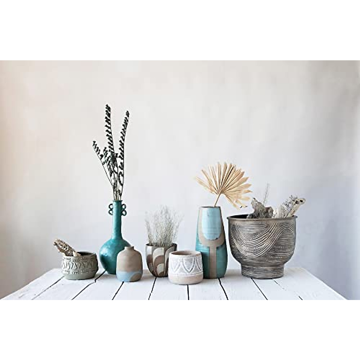 Creative Co-Op Embossed Terracotta Planter with Whitewash Finish (Holds 5" Pot