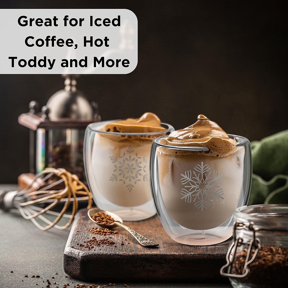 Wrenbury Mulled Wine Glasses Snowflake 7.7oz - Set of 4 Hot Toddy Mugs - Boroscilicate Double Walled Glasses - Insulated for Winter Christmas Drinks - Gluhwein Egg Nog Cups