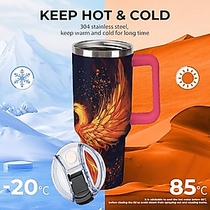 40 Oz Vacuum Tumbler with Light Rose Red Handle Leakproof Insulated Tumbler Fire And Water Phoenix Stainless Steel Travel Mug with Lid And Straw Coffee Cup Cute Water Bottles Cup Holder Friendly
