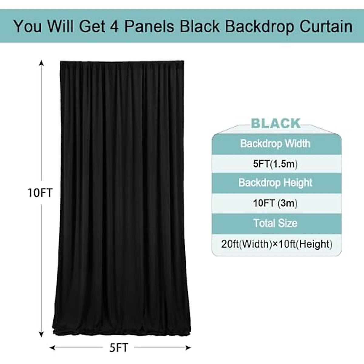 20ft×10ft Wrinkle Free Black Backdrop Curtain for Party, 4 Panels 5×10 ft Thick Silky Polyester Photo Backdrop Drapes for 50th Birthday Parties Baby Shower Graduation Wedding Photograhy Home Decor
