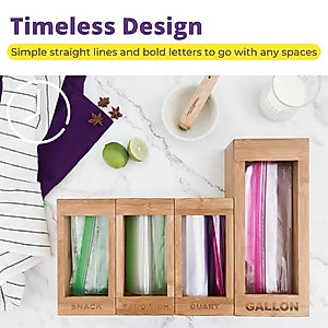 PurpleWares Food Storage Bags Holders – Premium Bamboo Kitchen Drawer Plastic Bag Organizer Dispenser Home Organization Compatible with Gallon, Quart, Sandwich & Snack Variety Size Bags (4 Piece Set)