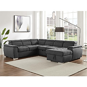 THSUPER 125'' U Shaped Sectional Sleeper Sofa with Pull Out Bed, Storage Chaise Lounge, and Adjustable Headrest, U Shaped Sectional Couches for Living Room - Dark Grey