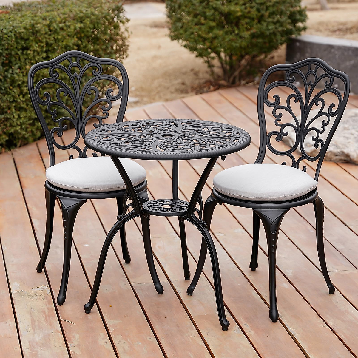 Withniture 3 Piece Bistro Patio Set Cast Aluminum Bistro Table and Chairs Set of 2 with Cushion,Outdoor Bistro Table Set with Umbrella Hole,All Weather Patio Furniture Set for Garden,Black