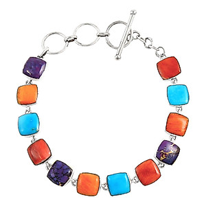 Turquoise Link Bracelet Sterling Silver 925 Genuine Turquoise & Gemstones (Multi)