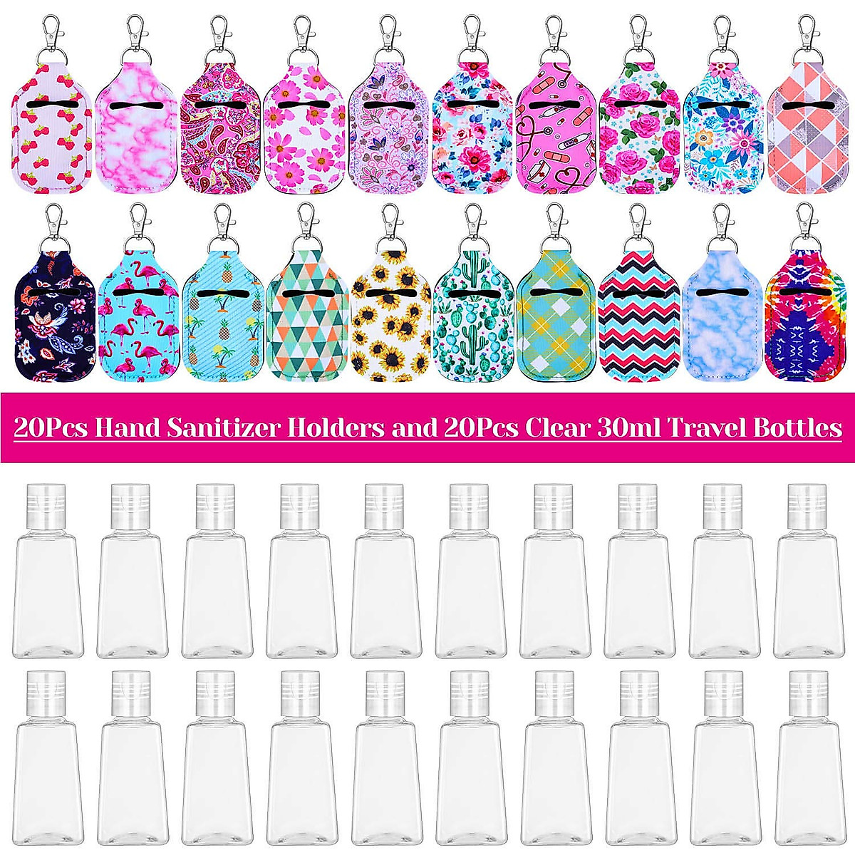 shynek Hand Sanitizer Holders, 40pcs Empty Travel Size Bottle and Keychain Holders Set Include 20pcs Flip Cap Reusable Bottles, 20pcs Reusable Bottles Keychain Carriers for Hand Sanitizer