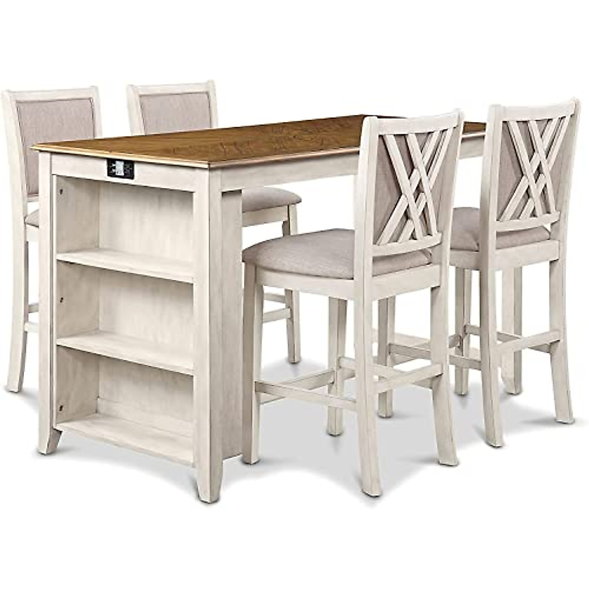 New Classic Furniture Amy Farmhouse Kitchen Counter Island Dining Table for 4 with Storage Shelf & USB Chargers, Two Tone Vintage White/Brown
