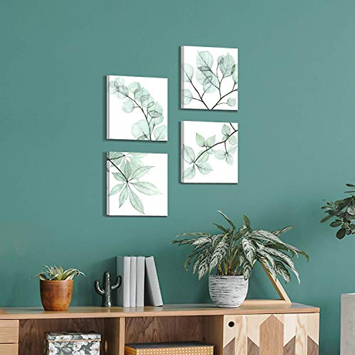 ARTISTIC PATH Natural Leaf Artwork Floral Pictures: Twig Graphic Art Print on Canvas for Bathroom Wall (12" W x 12" H x 4 PCS, Multi-Sized)