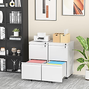 INTERGREAT 2 Drawer File Cabinet, Assembled Metal Filling Cabinet with Lock, Locking Office Mobile Cabinet with Wheels for Legal/Letter Size, Under Desk, White