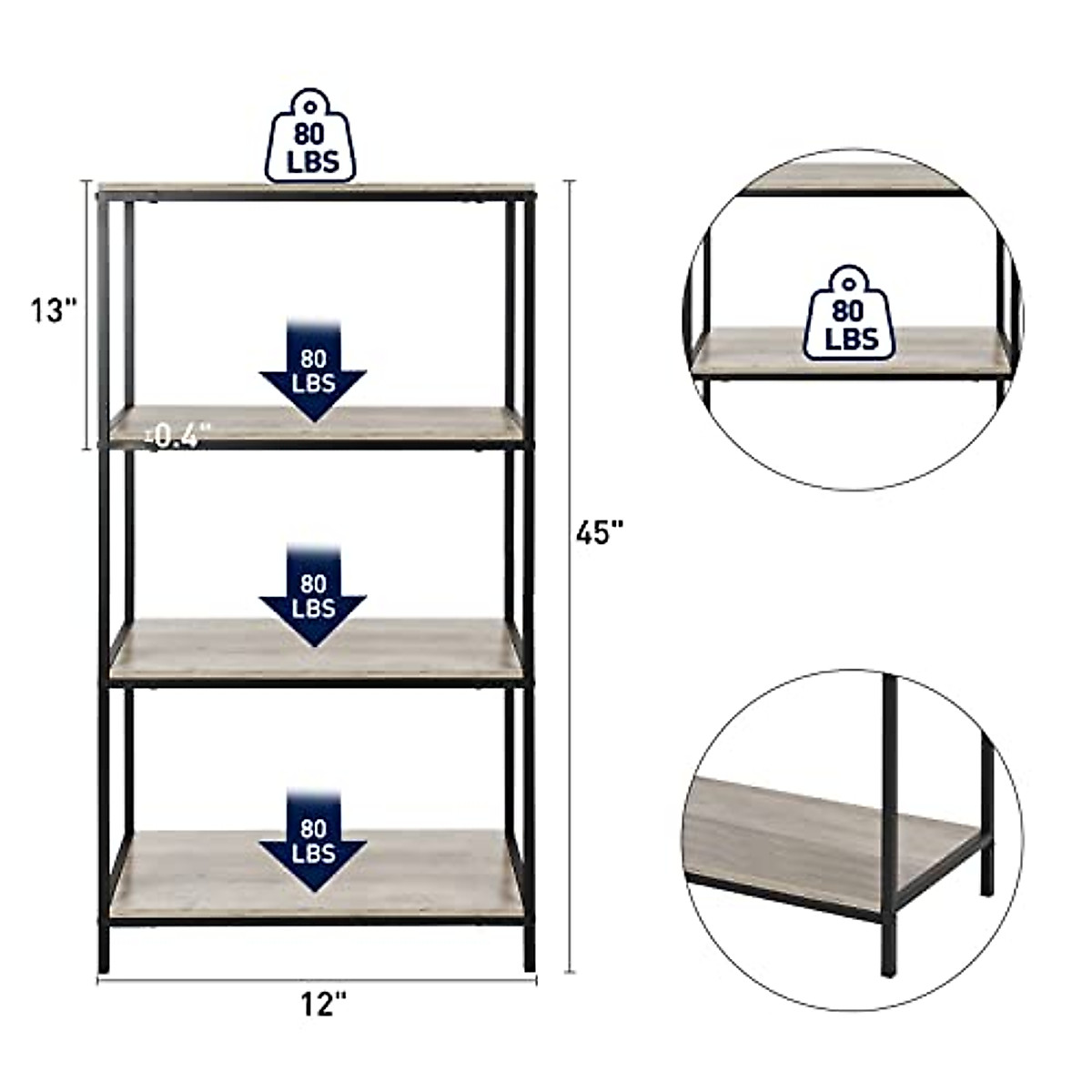 Acehome 4 Tier Bookshelf, 45" Tall Bookshelves and Bookcases, Industrial Bookcase Shelf Storage Organizer, Rustic Wood and Metal Standing Bookshelf for Living Room, Bedroom and Home Office, Grey