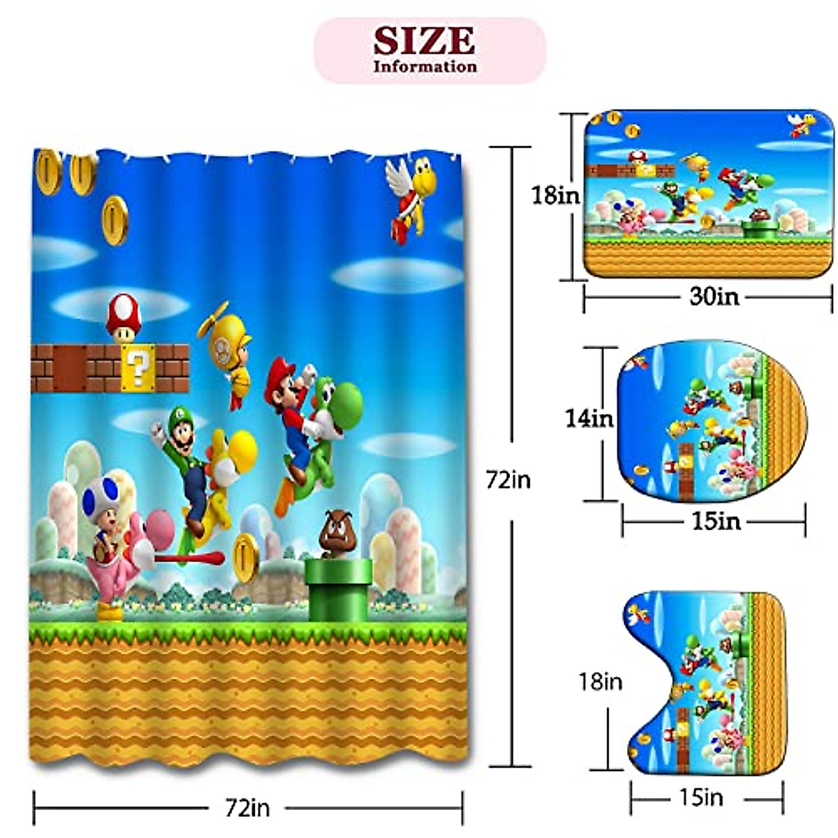 Misteyoo Game On Cartoon 4 PCS Shower Curtain Set Non-Slip Carpet Toilet Seat Cover and Bath Mat Durable Waterproof Bathroom Decoration Set for Home Hotel Bath Accessories