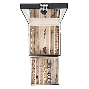 Glenor Co 12 Section Necklace Organizer - Large Mirror - 2 Trays - PU Leather - Black - Classic Jewelry Box - Modern Buckle Closure - Fits Necklace & Bracelet - Jewelry Holder for Women Teens & Girls