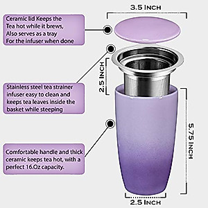 Bruntmor Ceramic Tea Infuser Mug With Stainless Steel Infuser And Removable Lid, Microwave Oven And Dishwasher Safe, Great For Use With Loose Tea Leaves And Sachets (16 oz, Gradient Purple)
