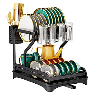 LIMORUNS 2 Tier Dish Rack Dish Drying Rack with Drainboard, Dish Drainer Rack with Utensils, Rustproof Large Black Dish Holders for Kitchen Counter Escurridor De Platos para Fregadero Father's Gift