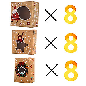 VEYLIN 24 Pack Christmas Cookie Pastry Box Assorted Sizes, Large Holiday Bakery Food Boxes with Window for Gift Gifing Goody Cookie Cupcake Treat