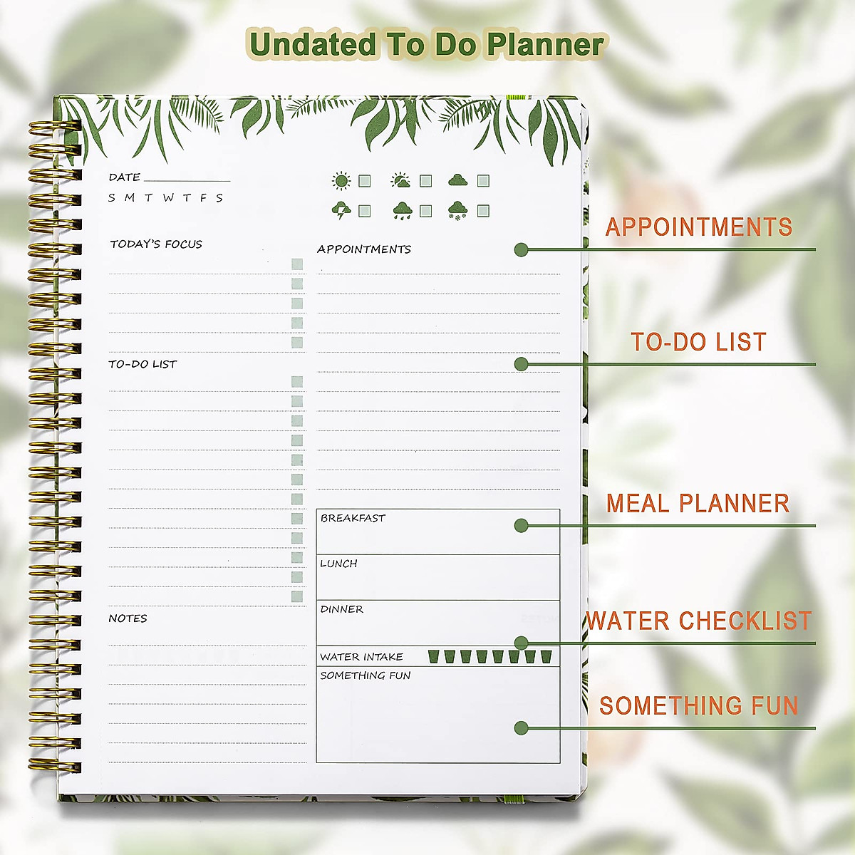 UtyTrees Daily Planner Undated: 5.7"x8.5" Daily To Do List Notebook, Efficient Life Planner, Daily Journal with Inner Pocket, Meals Planner, Office Organization Notebooks for Women, Green