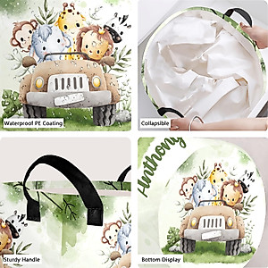 Jungle Animal Car Leaves Green Personalized Laundry Basket Hamper,Collapsible Storage Baskets with Handles for Kids Room,Clothes, Nursery Decor