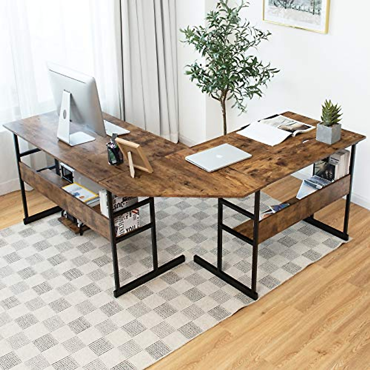 Tangkula 67 inches L-Shaped Desk, Corner Computer Desk with Bottom Bookshelves & CPU Stand, Drafting Drawing Table with Tiltable Desktop, Corner Computer Workstation Home Office Desk (Rustic Brown)