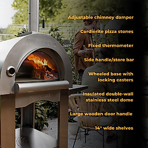 PINNACOLO PREMIO Wood-Fired Pizza Oven with Professional Grade Accessories - Double-Wall Insulation w/Heavy Gauge Stainless Steel and Cordierite Stones Surface - Includes 8 additional items
