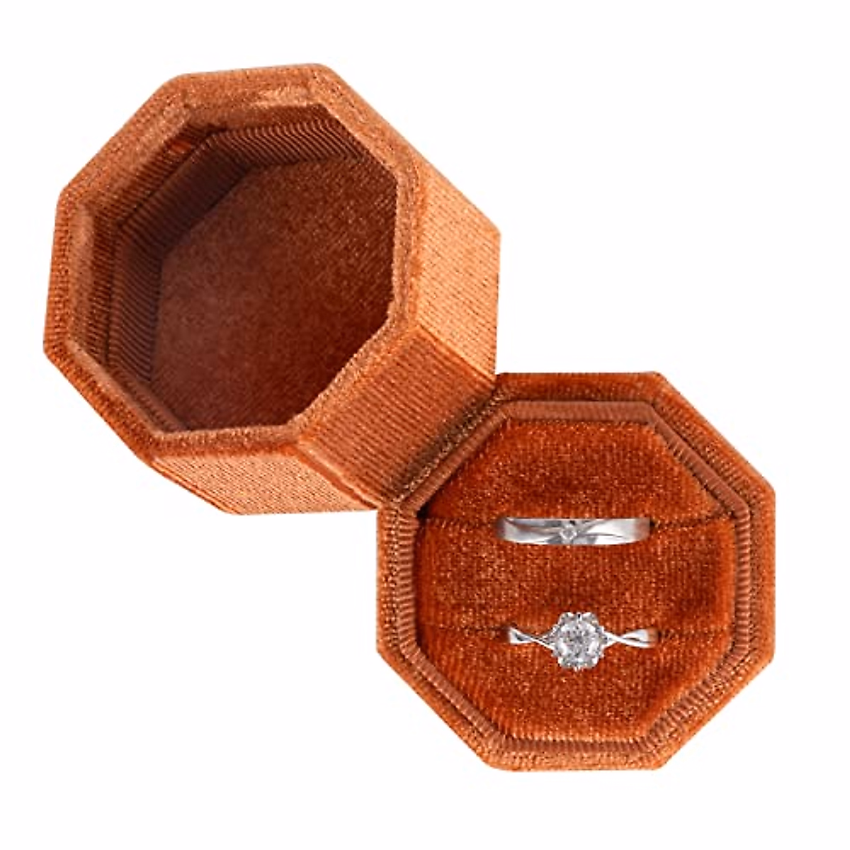 Smileshe Ring Box, Velvet Jewelry Boxes for Proposal Engagement Wedding Ceremony,Octagon Mini Double Ring Slot Bearer Case with Detachable Lid