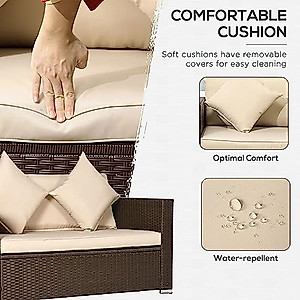 Hypeshops Outdoor Wicker Loveseat, Patio Furniture Couch with Cushions, 2 Seats PE Rattan Sofa, 2 Throw Pillows - Beige