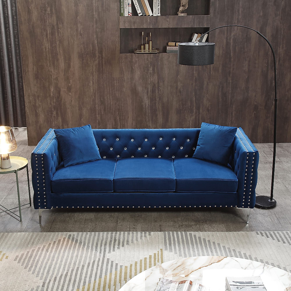 Harper & Bright Designs Velvet Upholstered Three-Seater Sofa, 82.3'' Wide Blue Velvet 3-Seat Sofa with Jeweled Buttons, Square Arm, Two Pillows Included for Living Room, Office