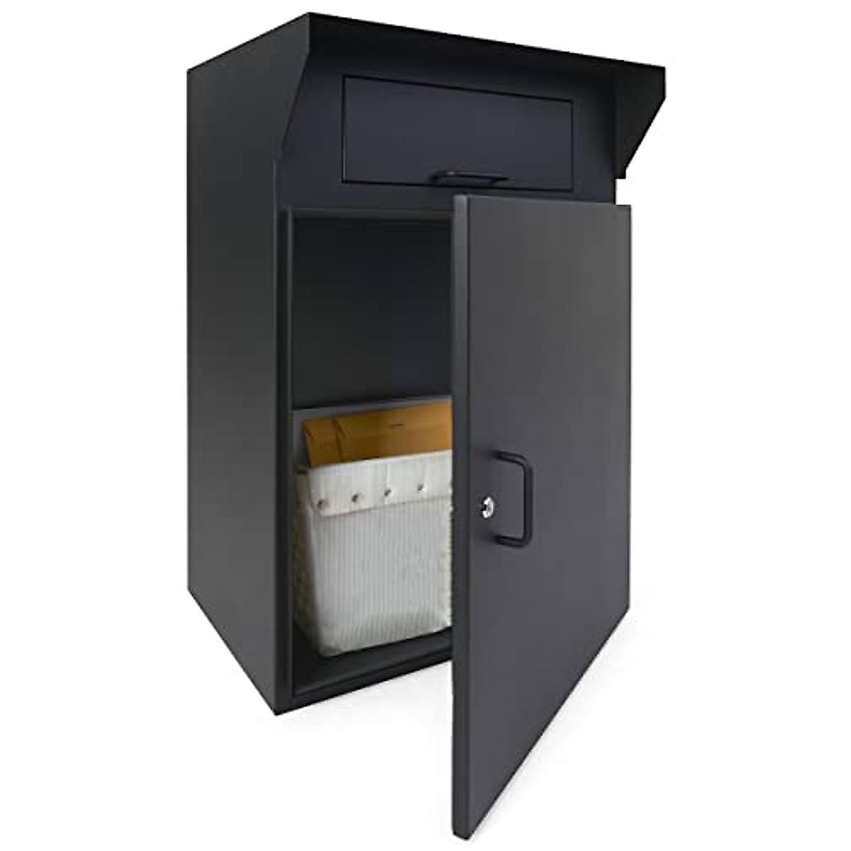 Displays2go 22" w x 36" h Heavy-Duty Outdoor Drop Box w/ Locking Door and Steel Build- Black (FDHDBBF1)