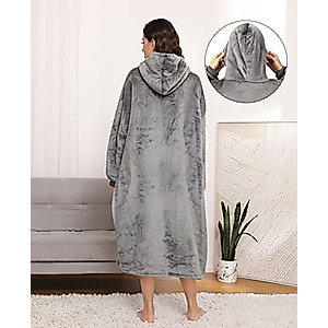 Sendowtek Wearable Blanket for Women Men Long Sherpa Hoodie with Giant Pocket Cosy OneSize Hoodie Blanket Fit for Adult Teens (Grey)