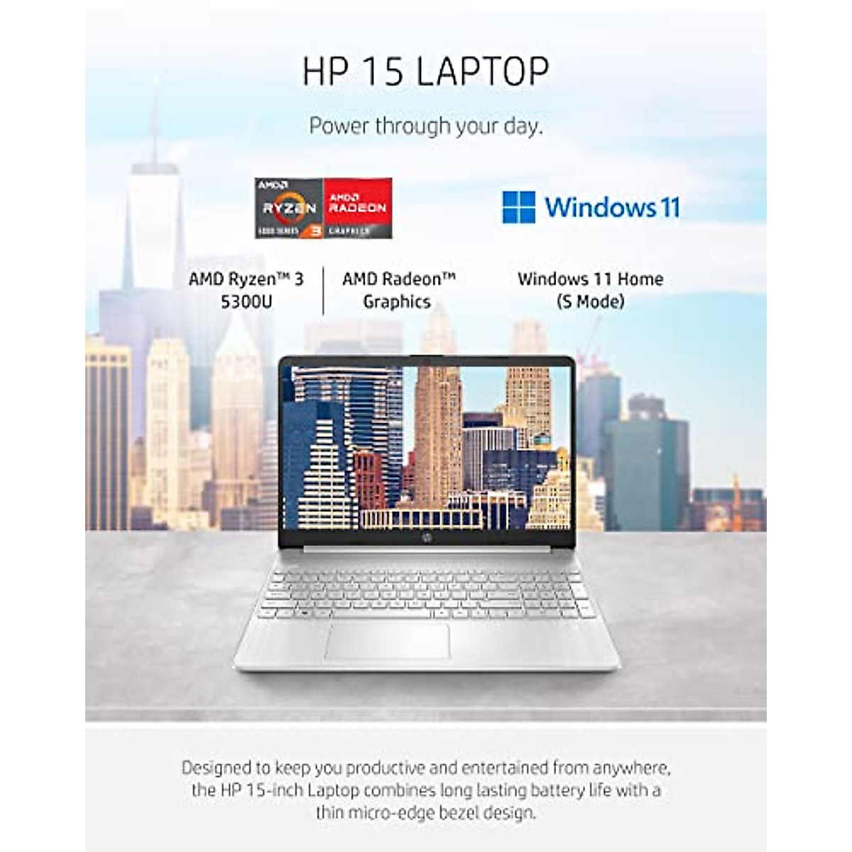 HP 15" Laptop, AMD Ryzen 3 5300U Processor, AMD Radeon Graphics, 256 SSD, Windows 11 Home in S Mode (15-ef2010nr, Natural Silver)