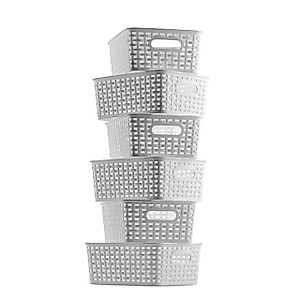 Set of 6 Plastic Storage Baskets - Small Pantry Organizer Basket Bins - Household Organizers with Cutout Handles for Kitchen Organization, Countertops, Cabinets, Bedrooms, and Bathrooms