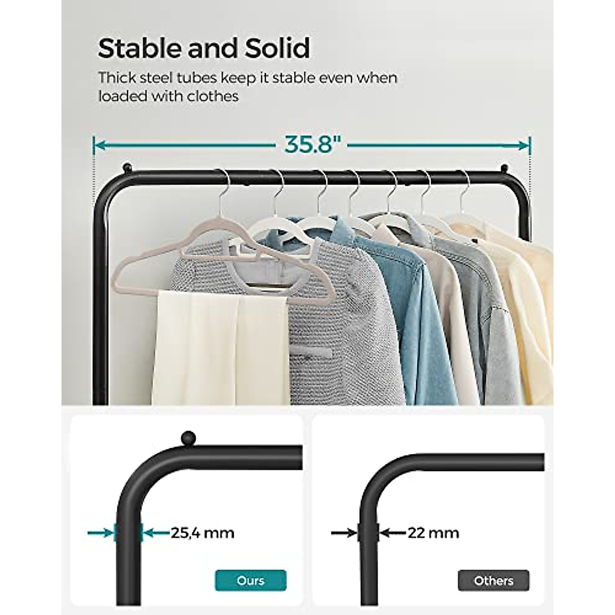 SONGMICS Clothes Rack with Wheels, 36 Inch Garment Rack, Clothing Rack for Hanging Clothes, with Dense Mesh Storage Shelf, 110 lb Load Capacity, 2 Brakes, Steel Frame, Black UHSR25BK