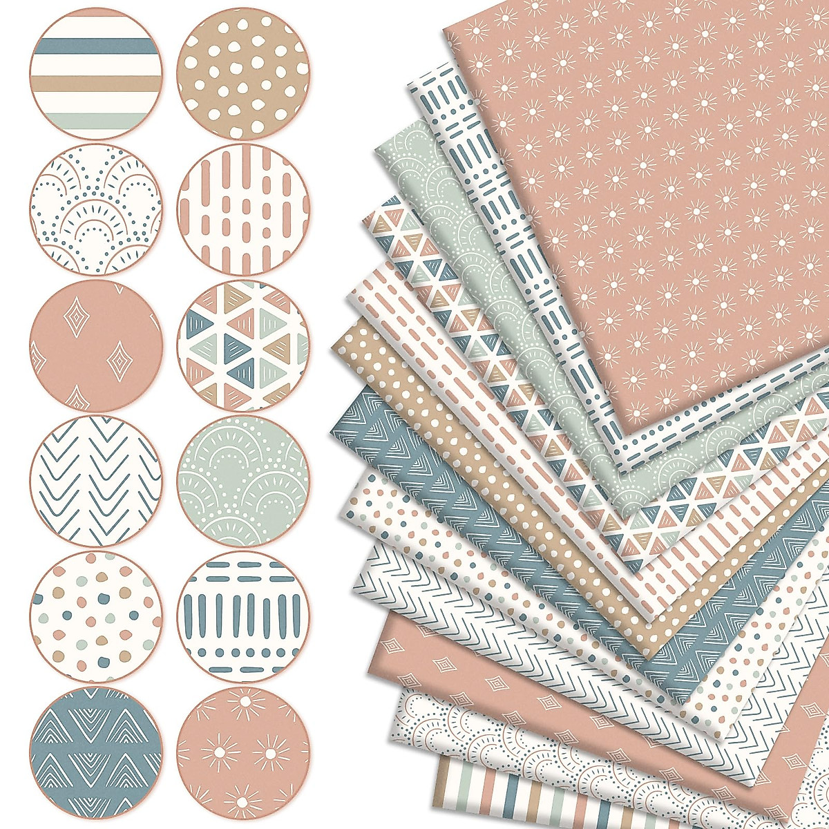 Whaline 12Pcs Boho Cotton Fabric Bundles 18 x 22 Inch Pastel Boho Rainbow Sun Fat Quarters Colorful Quilting Patchwork Sewing Fabrics for DIY Handmade Crafting