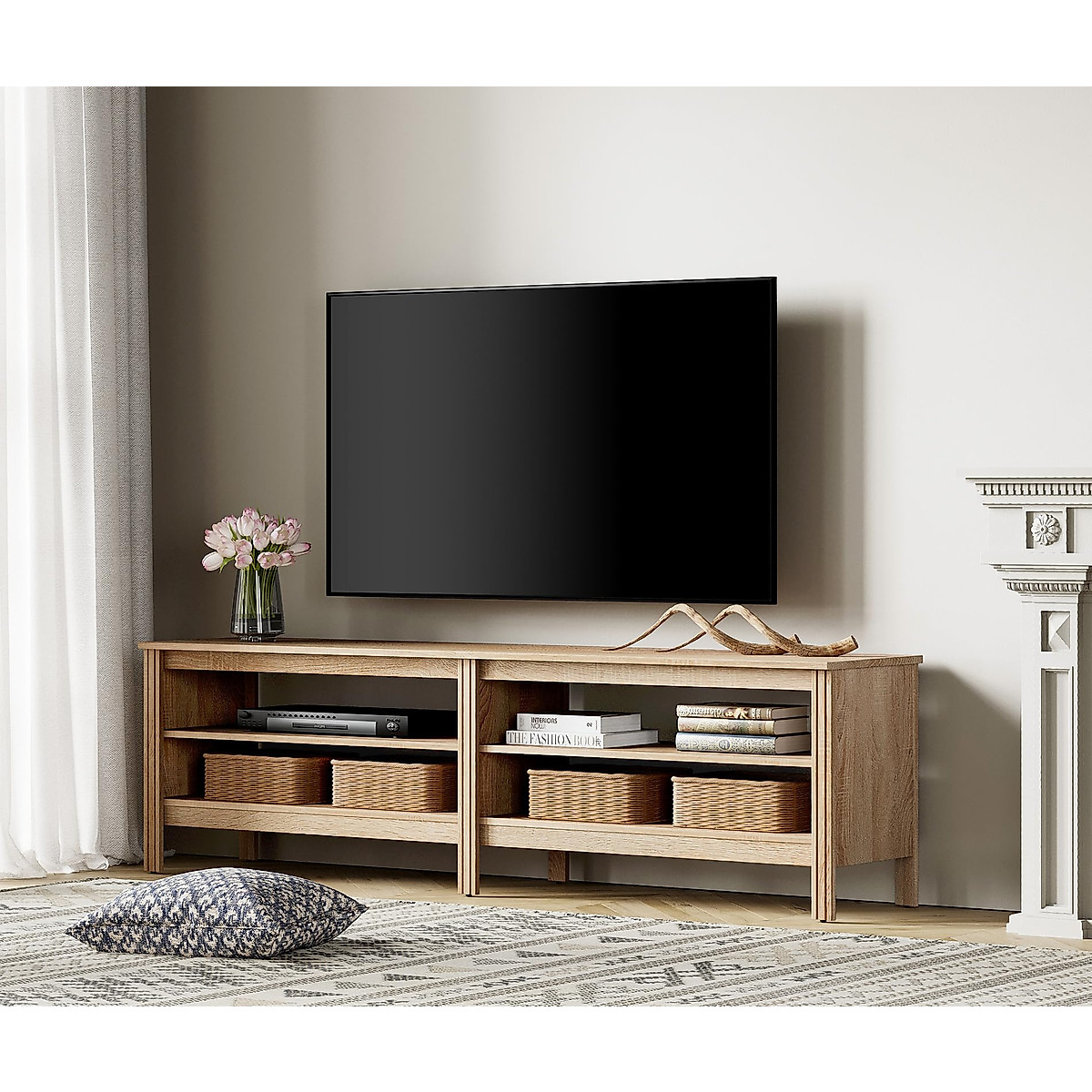 WAMPAT Farmhouse TV Stand for 75 Inch TV, Wood Entertainment Center for 70 65 55 inch TV Console Media Table with 4 Big Storage for Living Room Bedroom, Oak