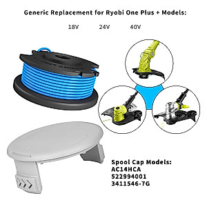 Generep Weed Eater String Trimmer AC14RL3A Spool Generic Replacement for Ryobi One Plus + 18V 24V 40V Cordless Trimmers and Cap Covers (6 Spool, 1 Cap)