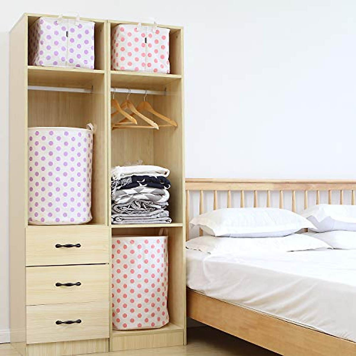 Sea Team 19.7 Inches Large Sized Waterproof Coating Ramie Cotton Fabric Folding Laundry Hamper Bucket Cylindric Burlap Canvas Storage Basket with Stylish Polka Dot Design (19.7", Purple)