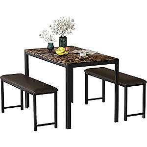 Hooseng 3 Pieces Dining Room Table Set, Modern Faux Marble Kitchen Table Set with 2 PU Leather Upholstered Benches, Ideal for Home, Apartment, Breakfast Nook, Small Space, Brown