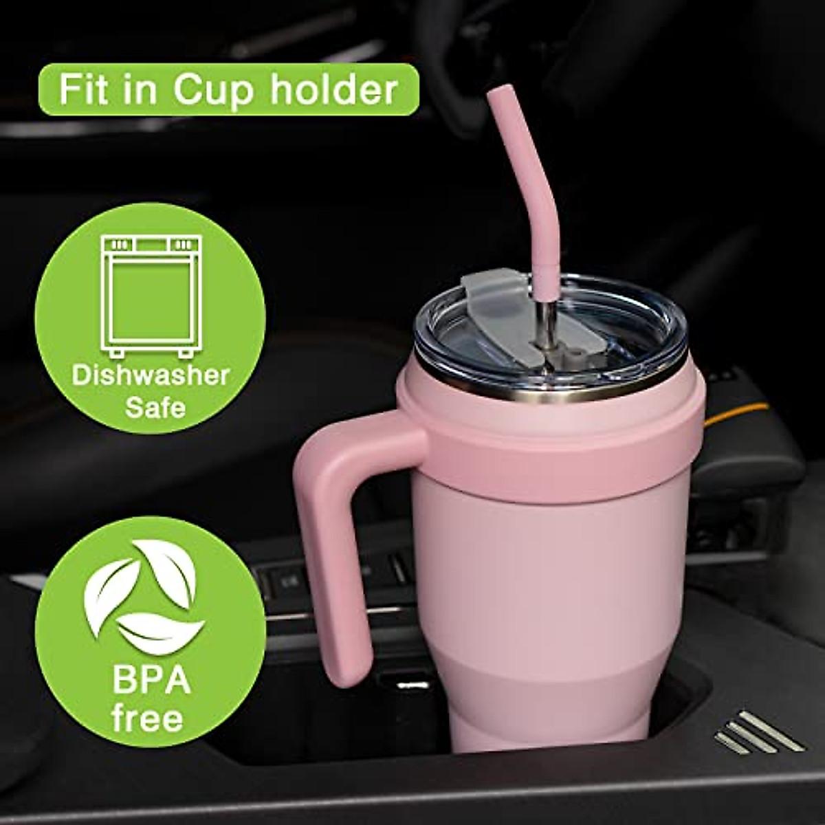 Zukro 40 oz Tumbler With Handle, Sip and Straw Lid, Leakproof No Sweat Insulated Stainless Steel Cup Keeps Drinks Cold 24 Hours, Travel Mug Fit in Cup Holder, Dishwasher Safe, BPA Free - Pink